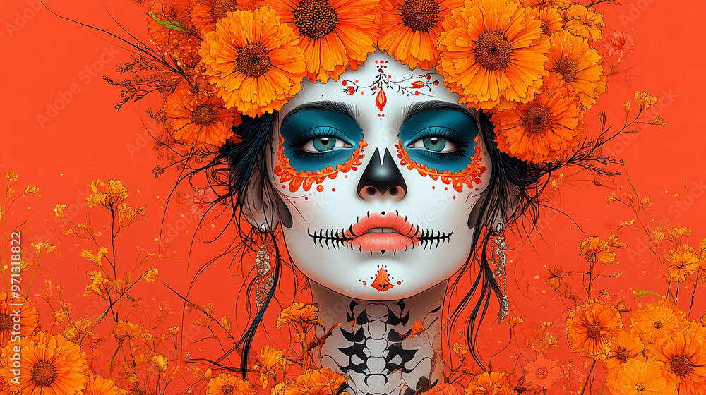 Outlined face of traditional Mexican catrina elegant female skeleton on ...