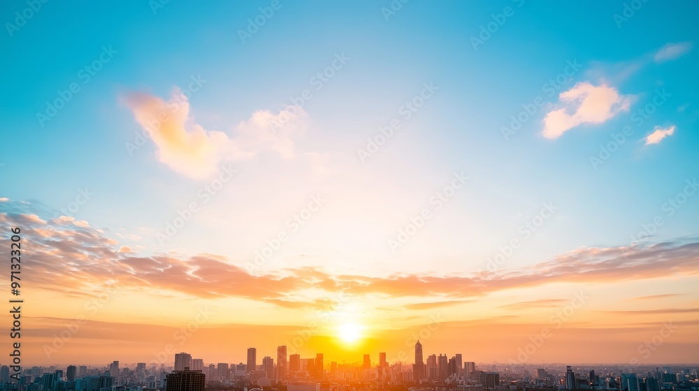 Bright sunrise over a cityscape, representing the dawn of a new era ...