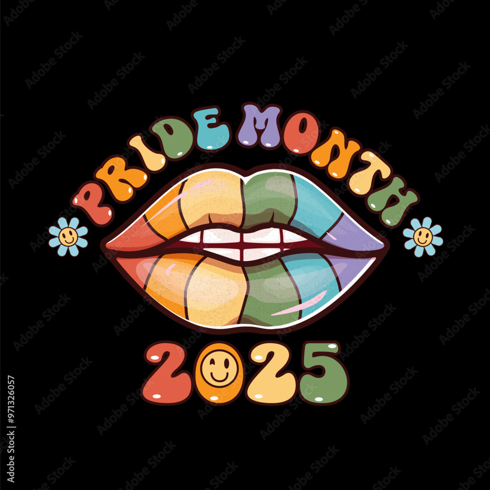 LGBT Pride month 2025 icon with lips colored in pride flag colors and ...