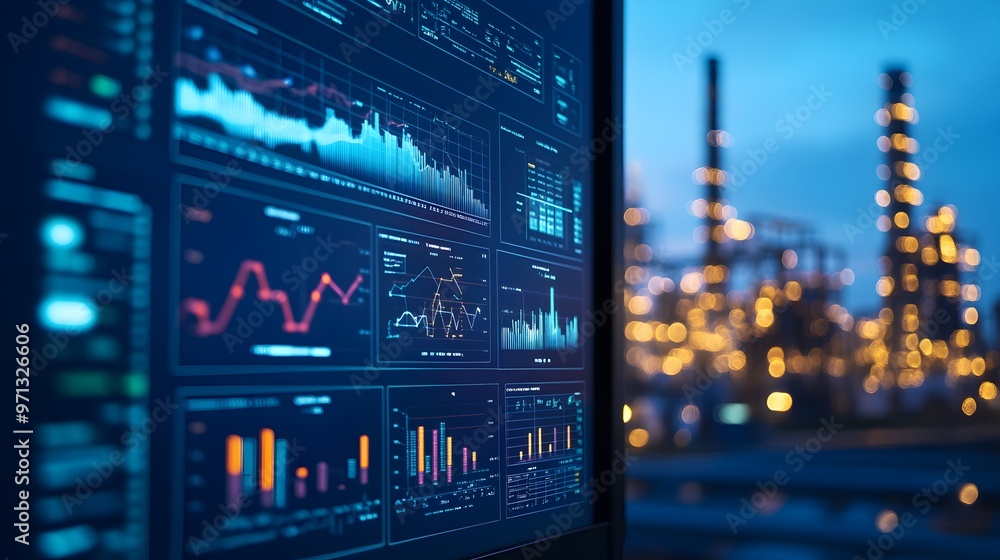 Digital dashboard with real-time financial data visualizations and a blurred cityscape in the ...