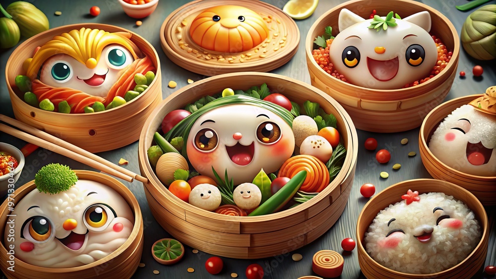 Whimsical illustrations of Chinese food characters with exaggerated ...