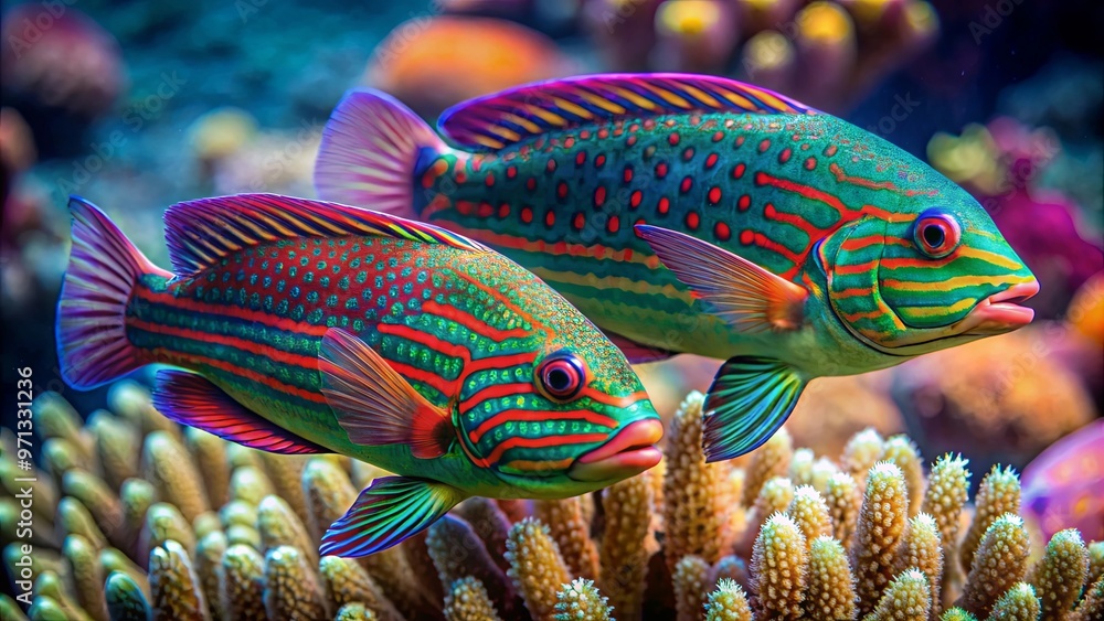 Pair of wrasse fish with striking patterns and bold colors Stock ...