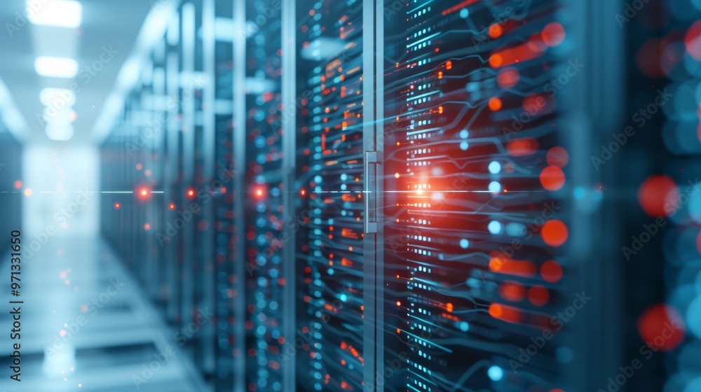 Data Center Networks, illuminated server racks in a high-tech ...