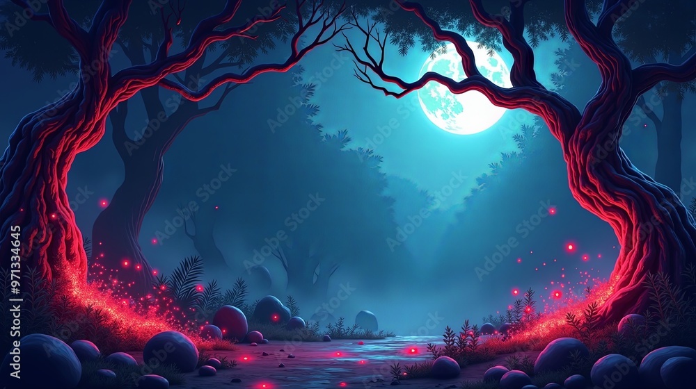 Spooky Enchanted Forest Fantasy Background with Glowing Vines and ...