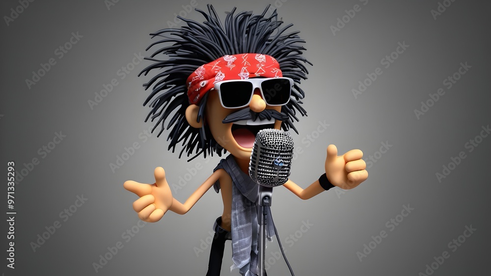 The star is a tall, wired microphone with a wild hairstyle made of ...