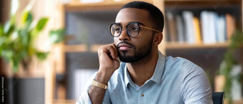 Millennial businessman considering multiple viewpoints during high ...