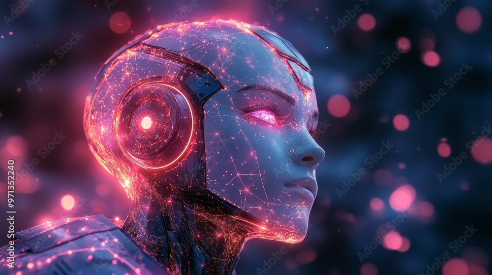 robot head Artificial intelligence in abstract blue and purple network ...