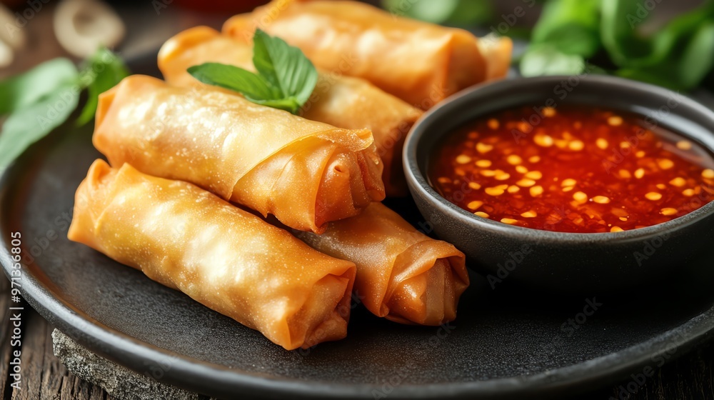 Thaistyle crispy spring rolls served with sweet chili sauce, Thai ...