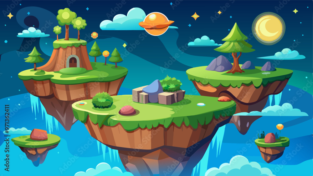 Vecteur Stock Game ui level map with floating islands with river and ... Vecteur Stock Game ui level map with floating islands with river and ...
