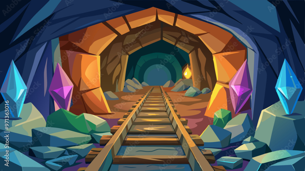 Exit from cave with gemstones on walls. Vector cartoon illustration of ...