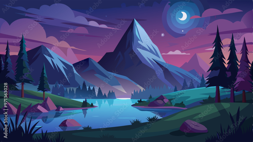 Night mountains landscape with lake or river, dark starry sky. Cartoon ...