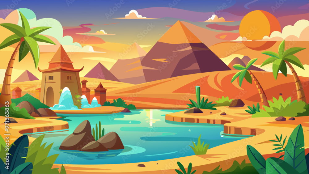Cartoon oasis in sandy desert with ancient Egyptian pyramids, Sphinx ...