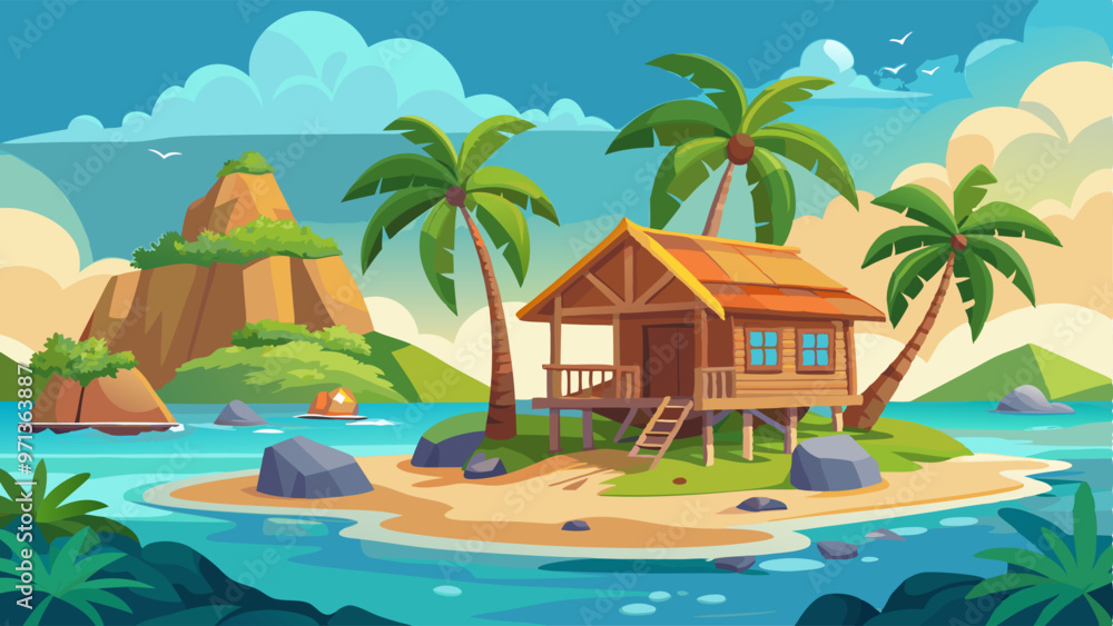 Beach hut or bungalow on tropical beach. Island resort with shack ...