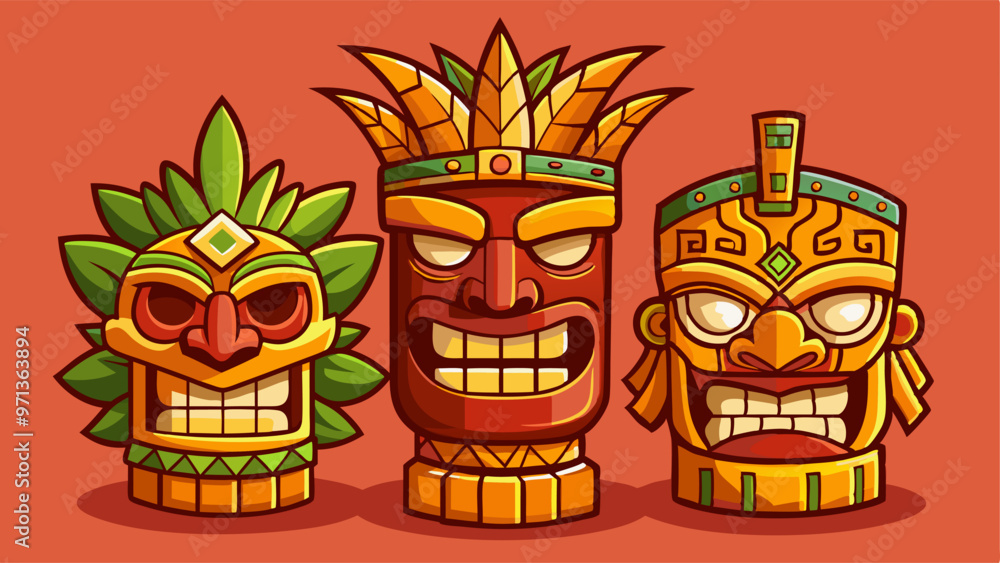 Gold tiki masks, hawaiian tribal totem with god faces. Vector cartoon ...