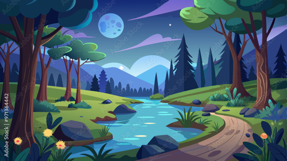 Summer forest landscape with lake and path in moonlight. Vector cartoon ...