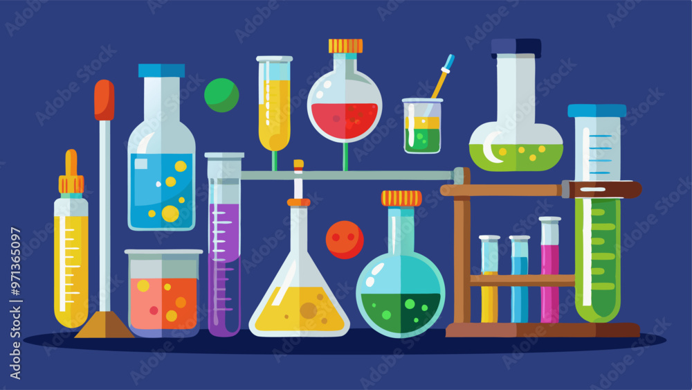 Glass laboratory chemical measuring flasks and test tubes with colorful ...