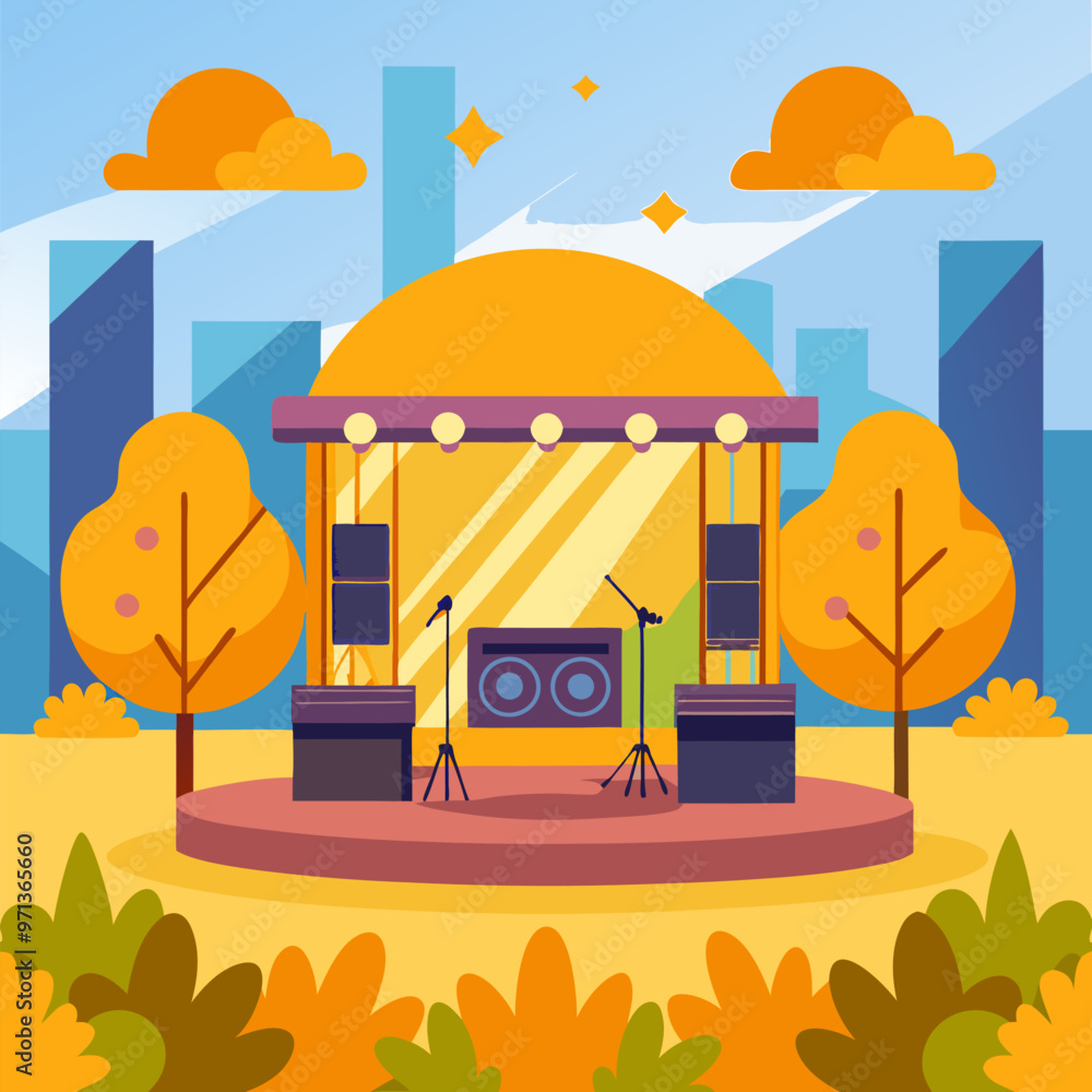 Music festival stage in autumn park. Vector cartoon illustration of ...