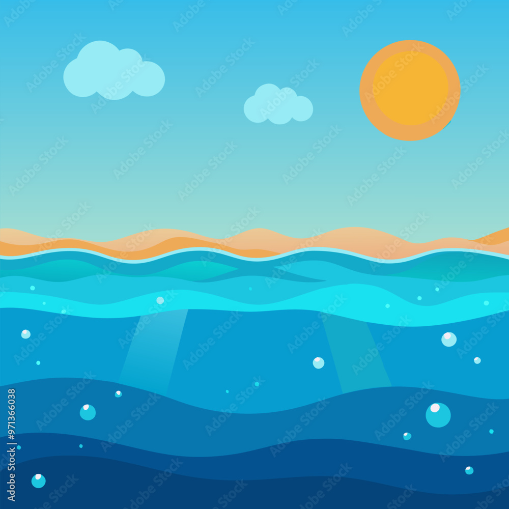 Sea or ocean water level with blue clean aqua surface, underwater depth ...