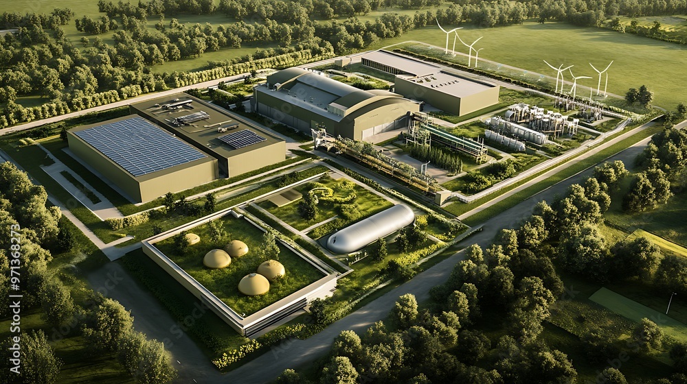 Large biogas plant with eco-friendly infrastructure, including solar ...