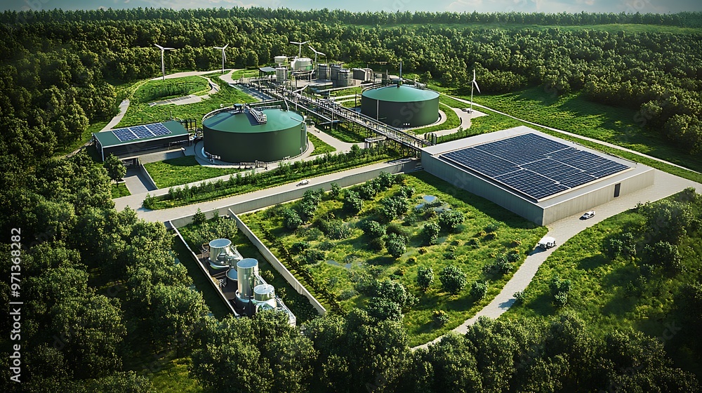 Large biogas plant with eco-friendly infrastructure, including solar ...