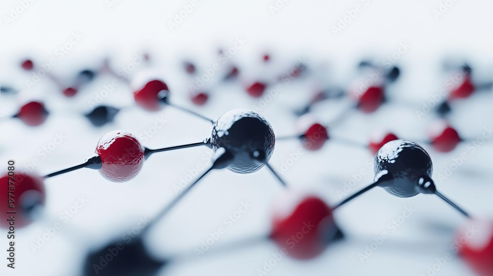 Abstract depiction of molecular structure featuring black and red atoms ...