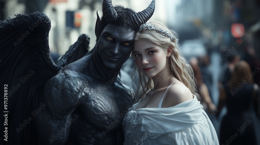A close-up image of a black demon and a white angel standing side by ...