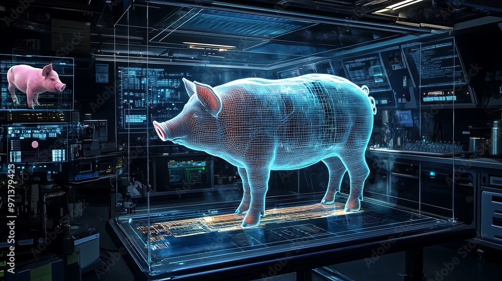 A large holographic pig displayed in a high-tech laboratory setting ...