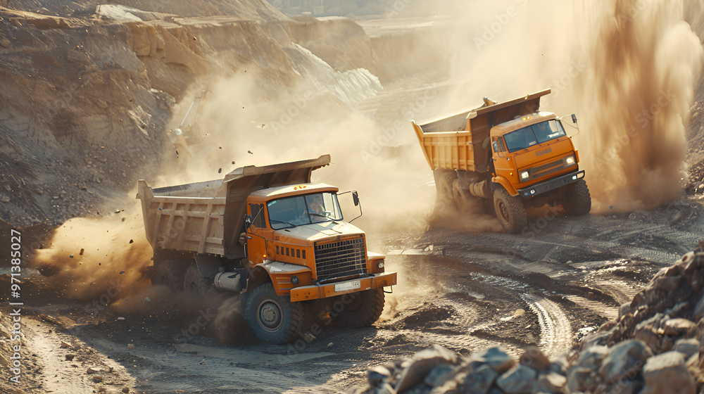 Dust and Determination: Two massive dump trucks navigate a rugged ...
