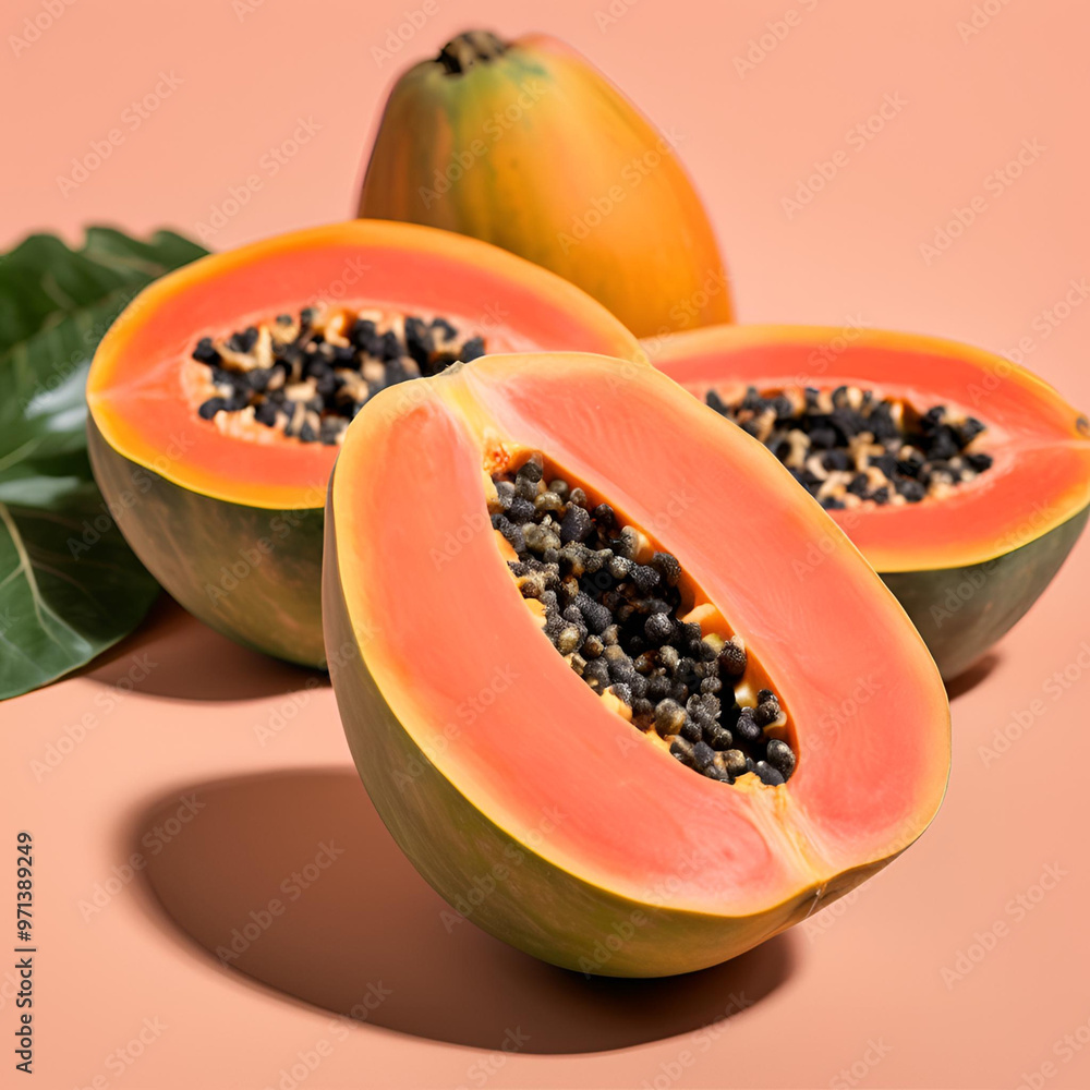 shows several papayas on a peach-colored background. One papaya is ...