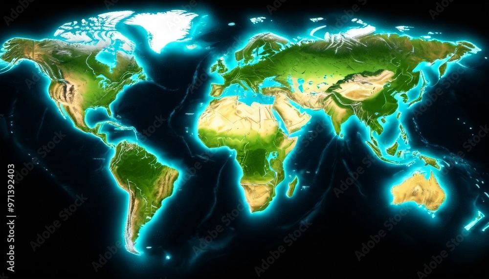 A high-quality 3D rendering of the world map features glowing borders ...