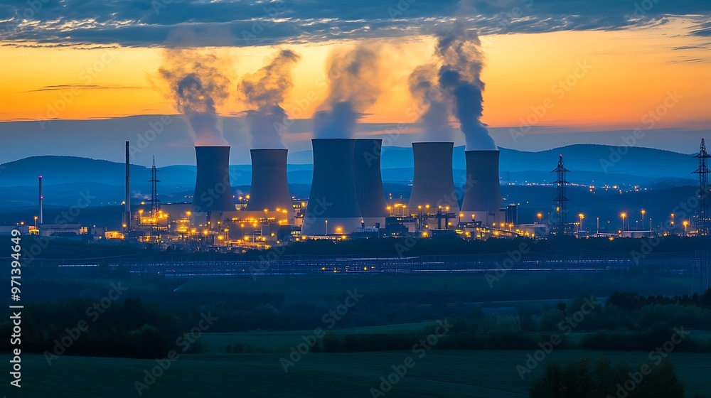 Evening view of a nuclear power plant, with cooling towers illuminated ...