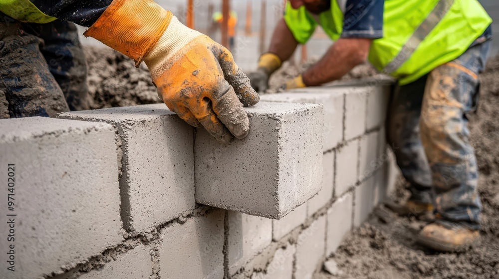 Laying concrete blocks, workers installing concrete block walls for ...