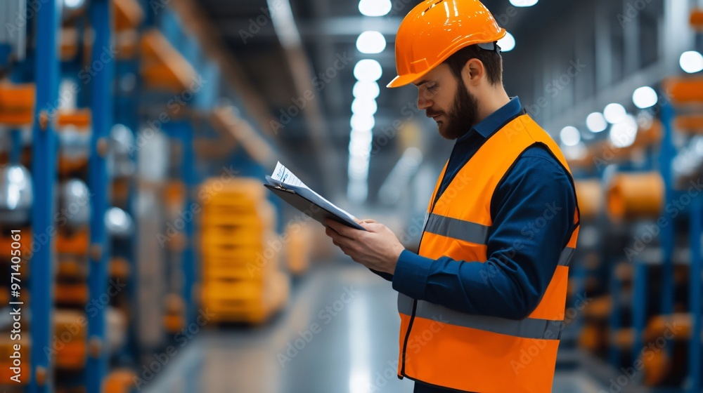 Engineer holding a checklist and marking products on an assembly line ...