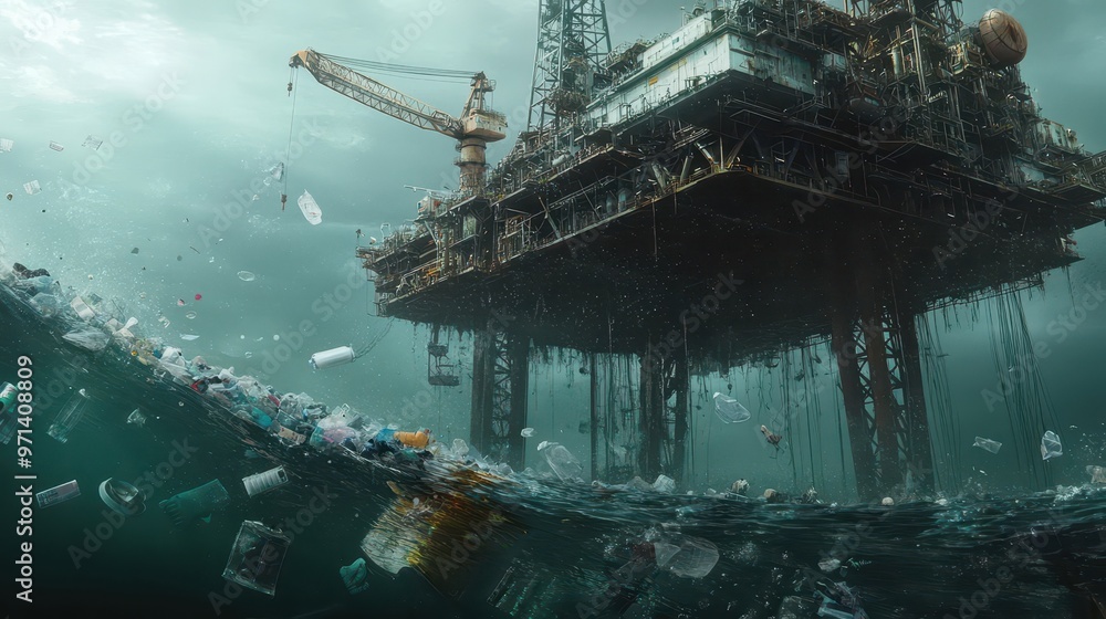 Environmental Disaster - Abstract Concept of an Oil Rig Spilling Waste ...