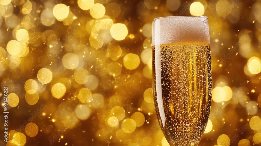 Golden champagne glass overflowing with bubbles, set against a festive ...