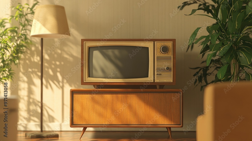 Retro 70s wooden television in a nostalgic living room setting ...