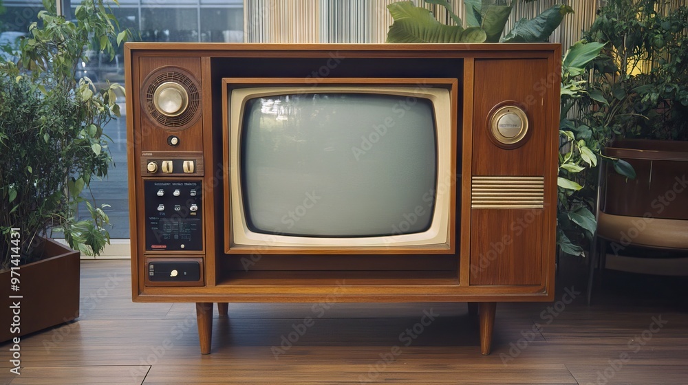 Vintage wooden television set from the 1970s, with large dials and a ...