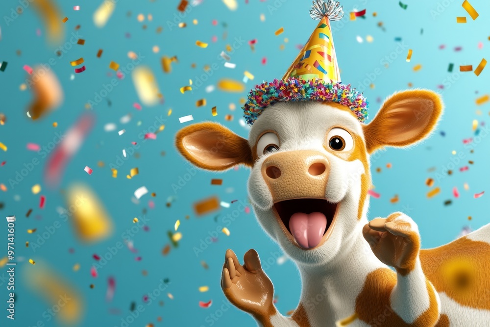 A 3D cartoon of a cow in a party hat, celebrating with confetti around ...