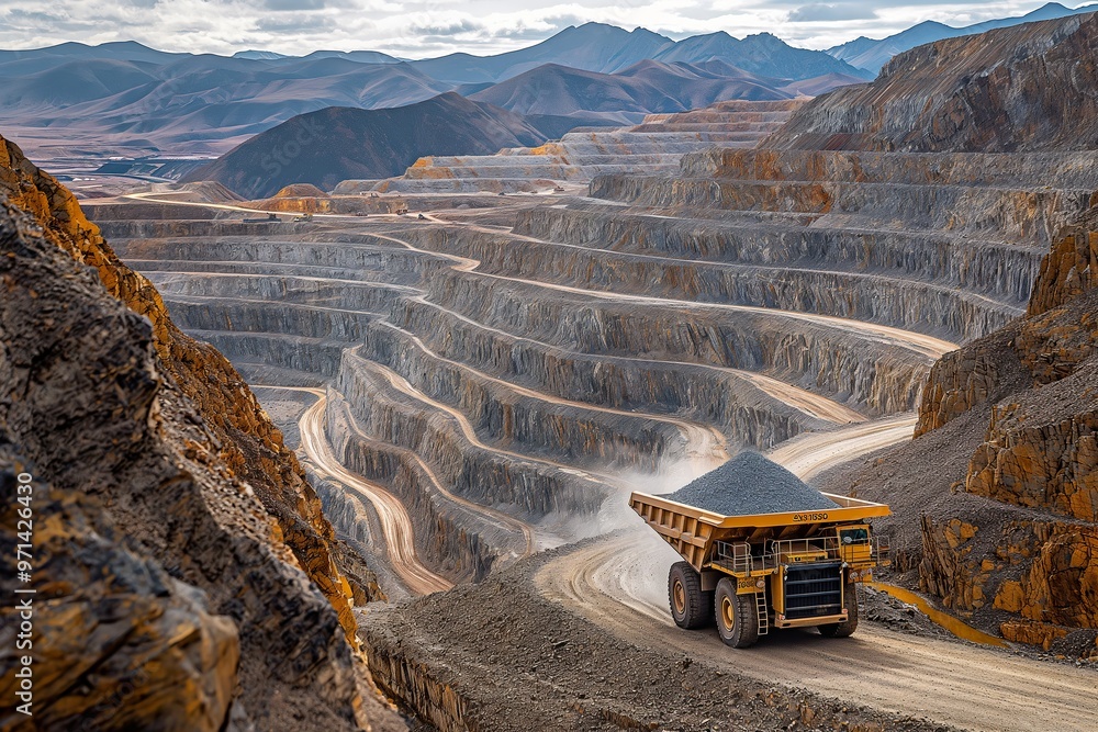Mining operation extracting critical raw materials from a vast open pit ...