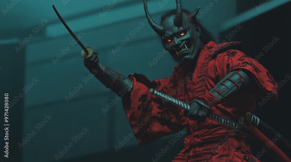 demonic samurai, wearing a red mask with horns, wields two swords in a ...