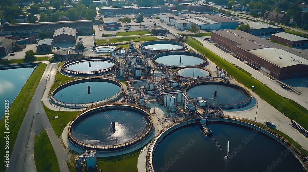 Aerial view of a large wastewater treatment plant with multiple ...