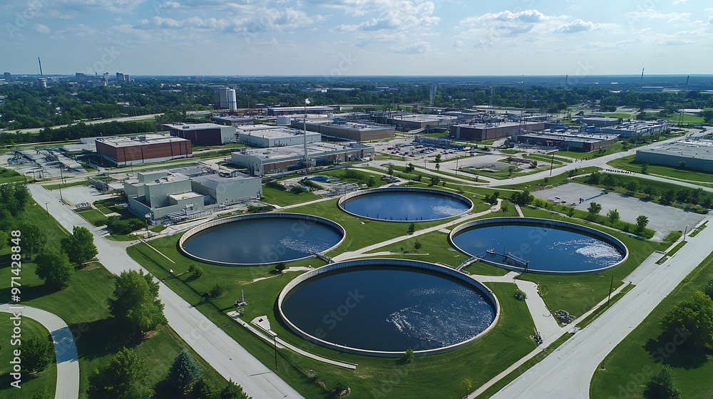 Aerial view of a large wastewater treatment plant with multiple ...