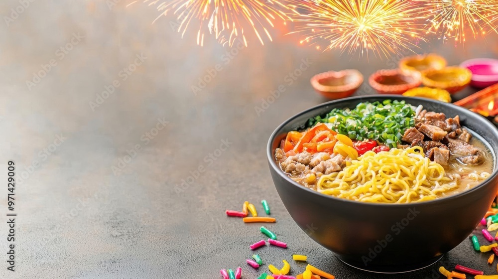 Steaming bowls of ramen placed against a vibrant backdrop of fireworks ...