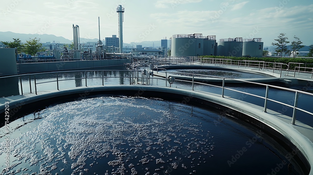 Industrial wastewater treatment basins surrounded by walkways and ...