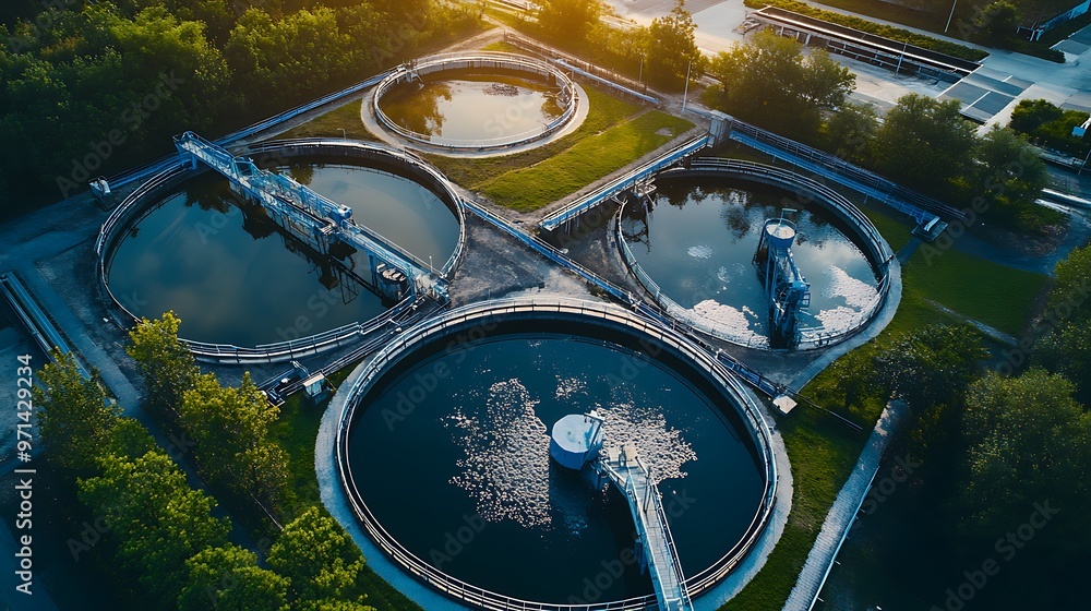 Industrial wastewater treatment basins surrounded by walkways and ...