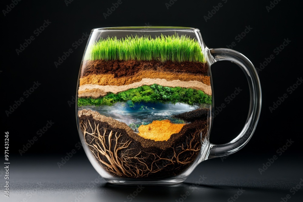 A glass mug filled with layers of Earth, including soil, roots, water ...