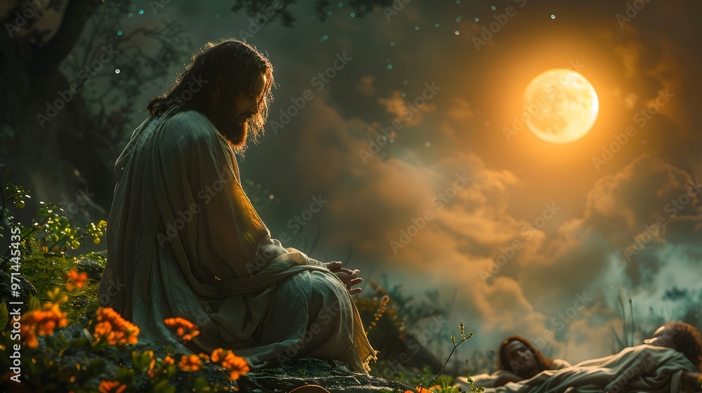 Jesus kneeling in deep prayer, illuminated by a single, narrow beam of ...