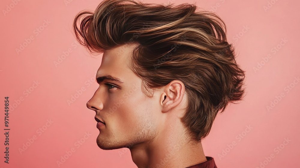 A side view of a man with a textured quiff hairstyle, showing off the ...