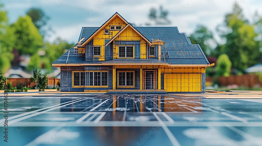 Close-up of a blueprint with technical drawings of a house, highlighted ...