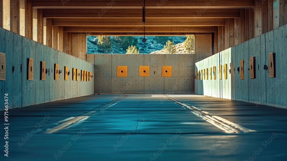 A clean and organized sports shooting range with targets ready for ...